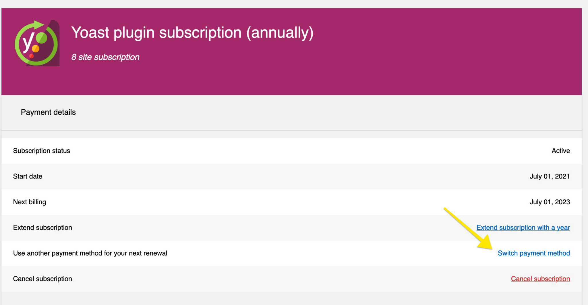 How to switch your payment method for upcoming automatic renewals • Yoast