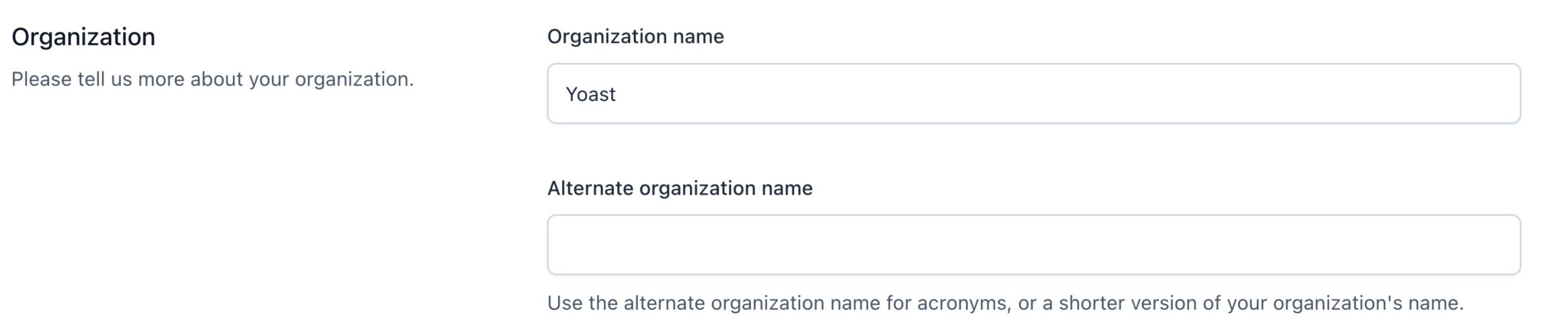 Website name, alternate website name, and alternate organization name ...