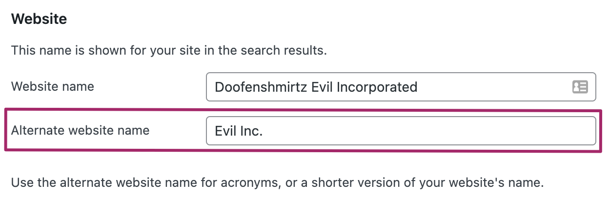 Website name, alternate website name, and alternate organization name ...