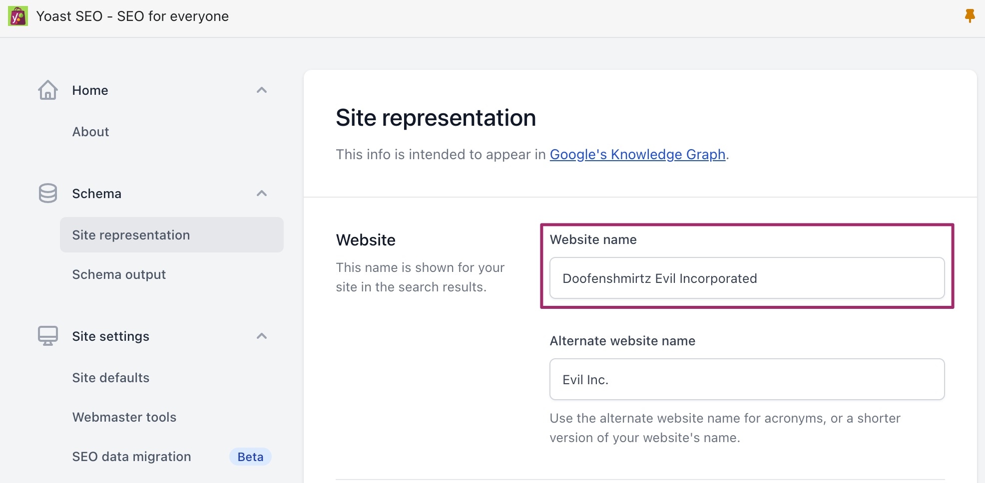 Website name, alternate website name, and alternate organization name ...