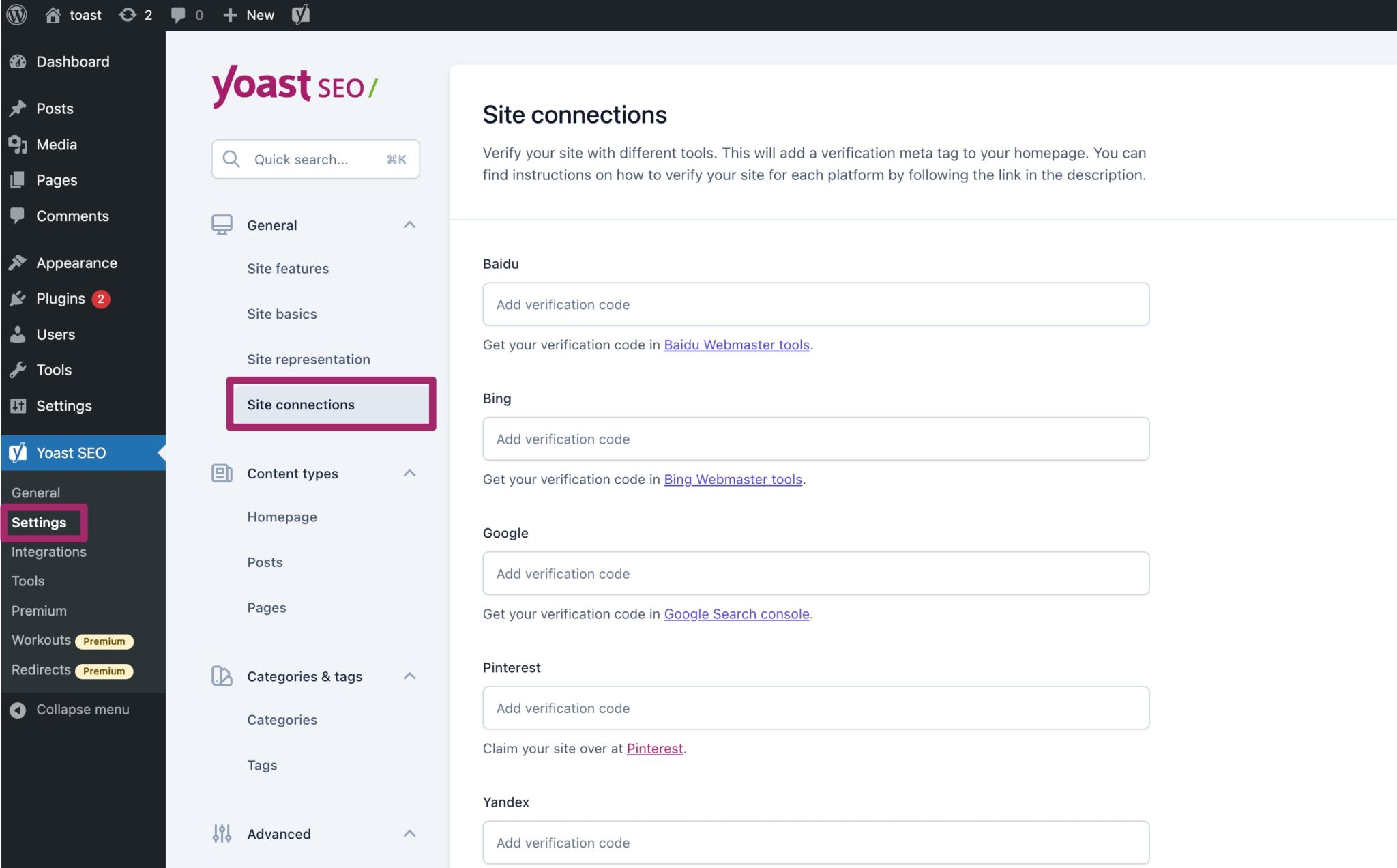 Yoast SEO settings: Site connections • Yoast