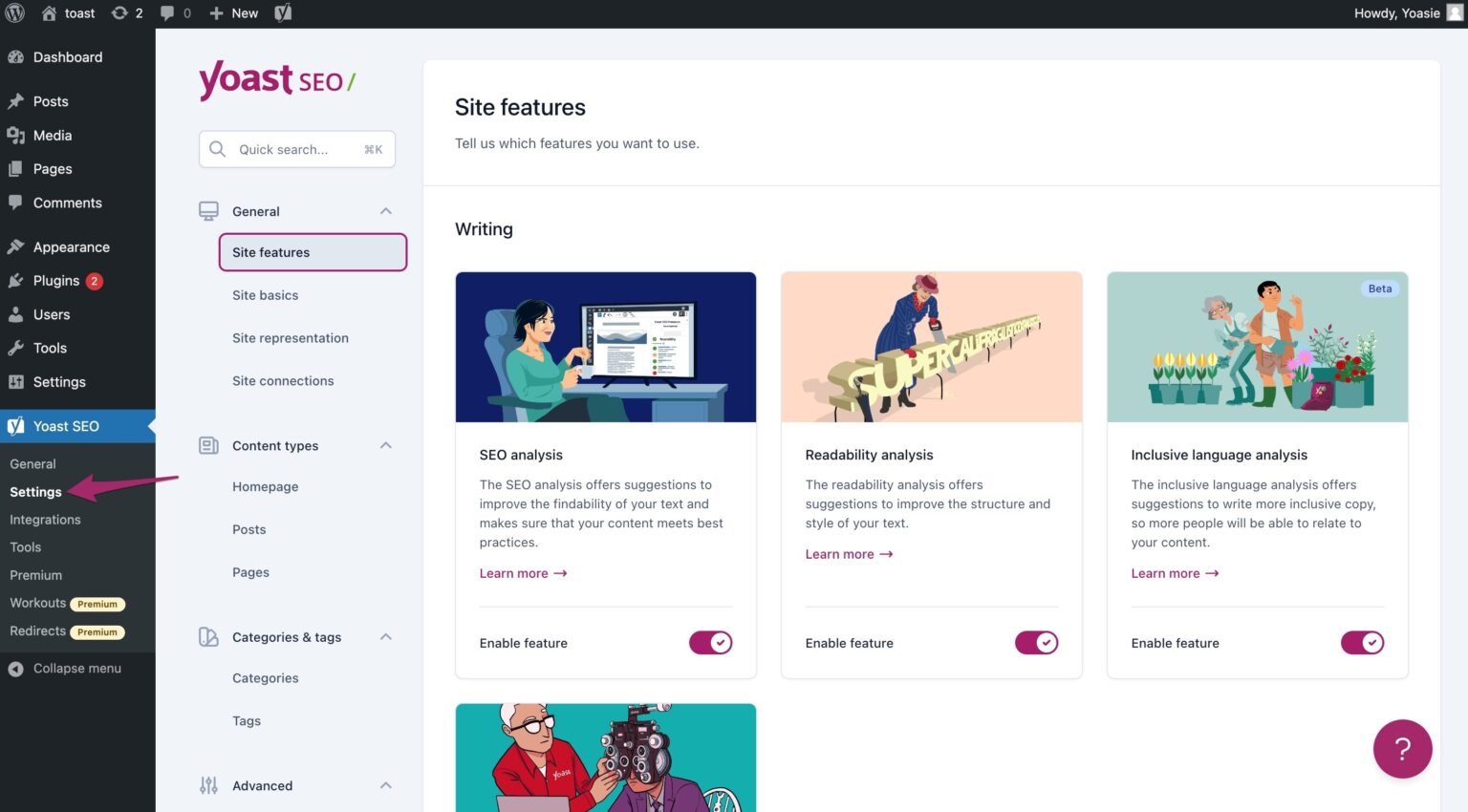 Yoast SEO settings: Site features • Yoast