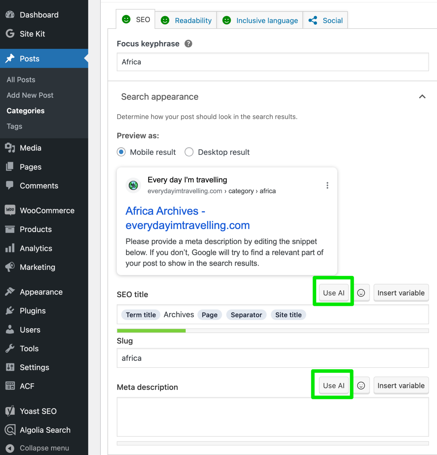 How to use the AI Generate title & description generator in WordPress